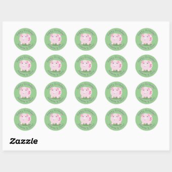 Cute pink potbelly pig cartoon illustration classic round sticker | Zazzle