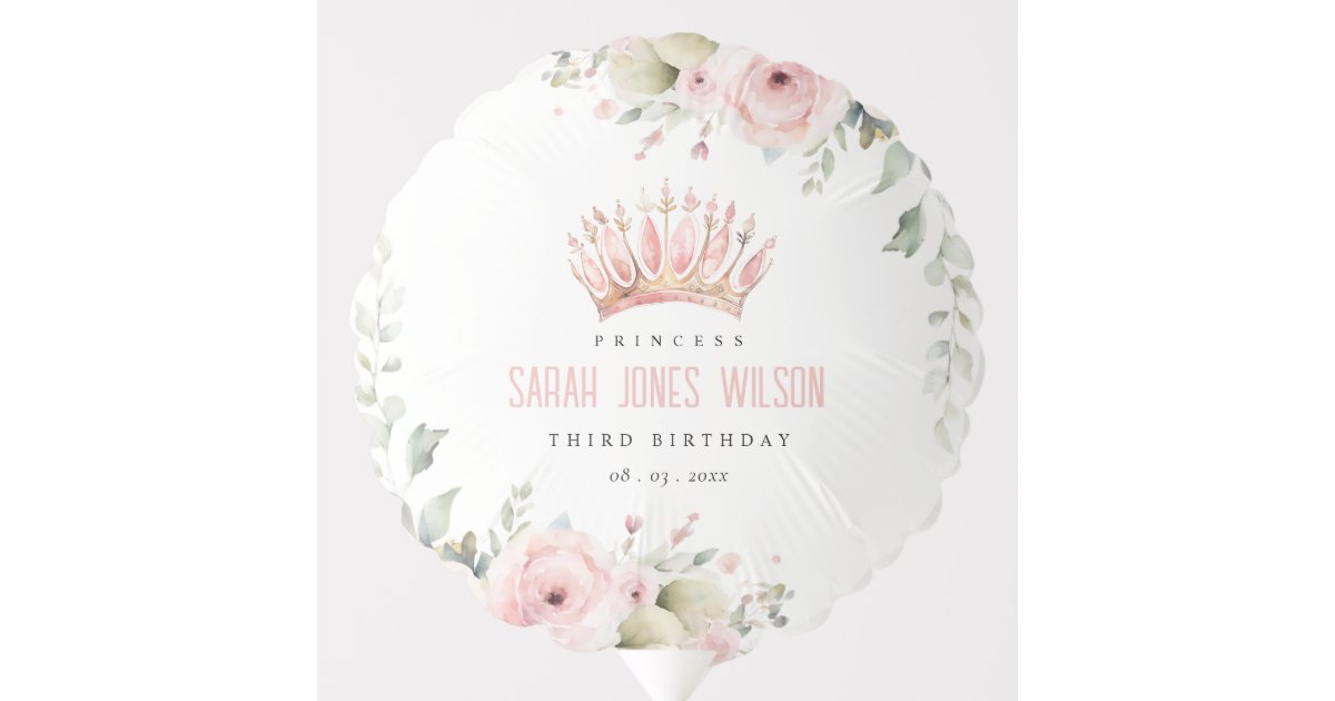 Cute Pink Princess Crown Tiara Floral Birthday Balloon | Zazzle