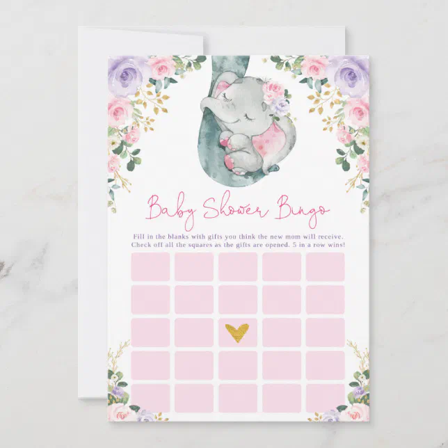 Cute Pink Purple Elephant Bingo Baby Shower Game Invitation | Zazzle