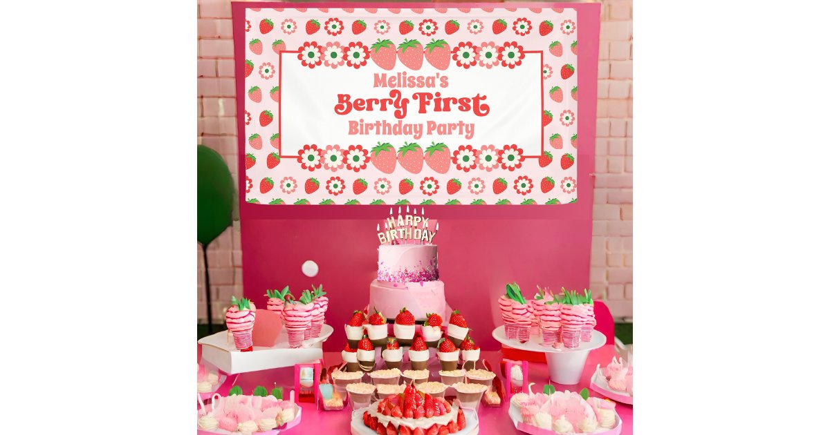 Cute Pink Red Berry First Birthday Party Banner | Zazzle