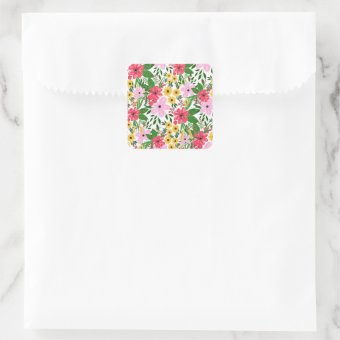 Cute Pink Red Spring Floral Hand Paint Design Square Sticker | Zazzle