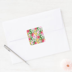 Cute Pink Red Spring Floral Hand Paint Design Square Sticker | Zazzle