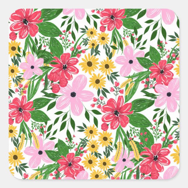 Cute Pink Red Spring Floral Hand Paint Design Square Sticker | Zazzle