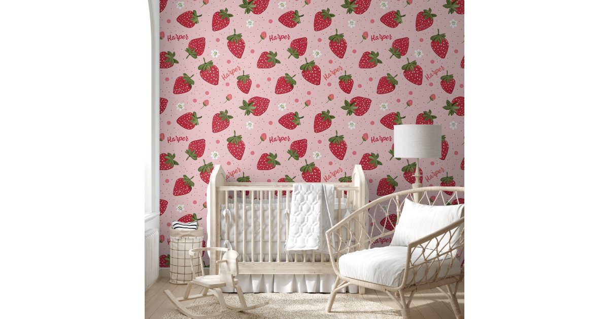 Cute Pink & Red Strawberry Personalized Girl Name Wallpaper | Zazzle