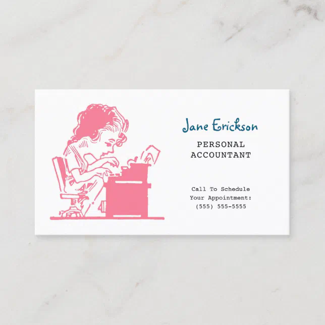 Cute Pink Retro Caricature Woman Accountant Business Card | Zazzle
