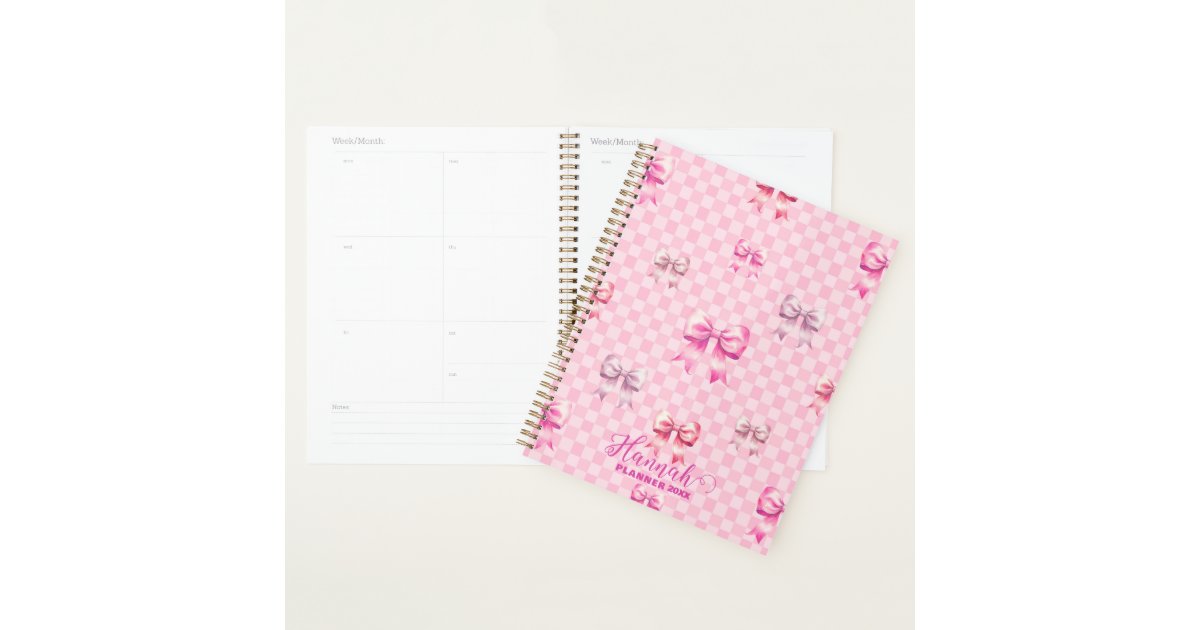 Cute Pink Ribbon and Gingham Sweet Girly Pattern Planner | Zazzle