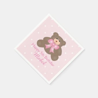 Cute Pink Ribbon Teddy Bear Girl Birthday Party Paper Napkins | Zazzle