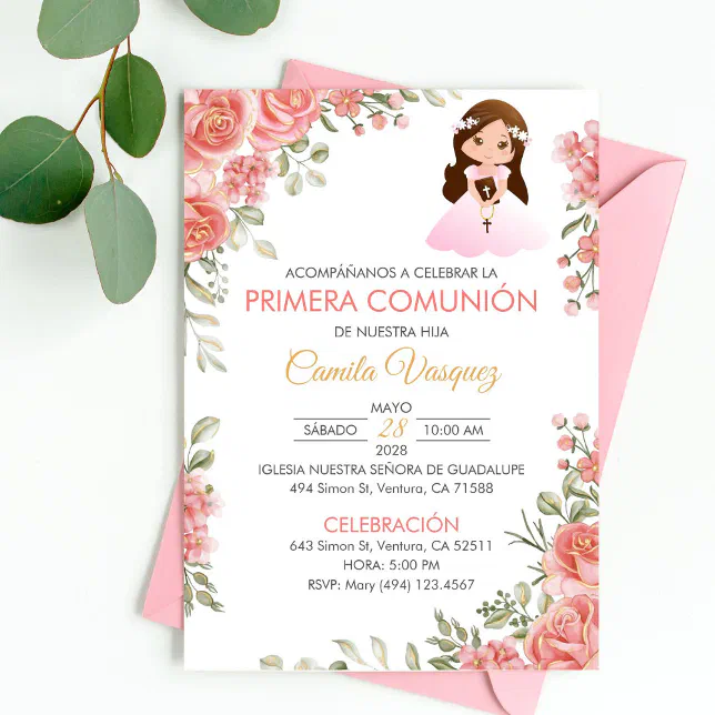 Cute Pink Roses First Communion Spanish Invitation | Zazzle