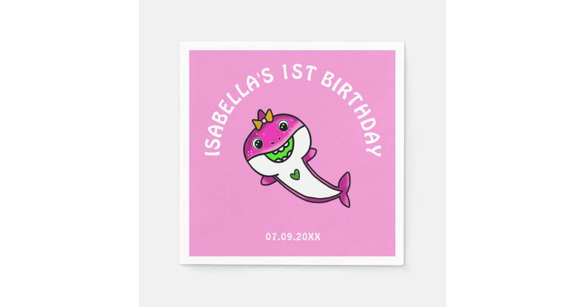 Cute Pink Shark Baby Girl 1st Birthday Napkins | Zazzle