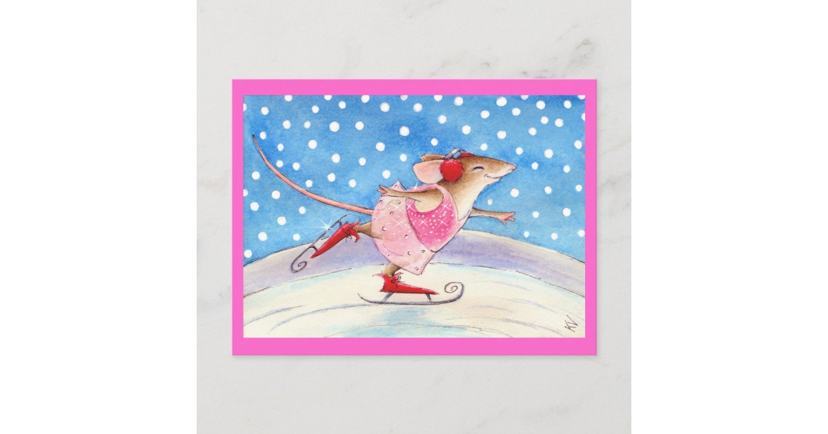 Cute pink skating mouse postcard | Zazzle