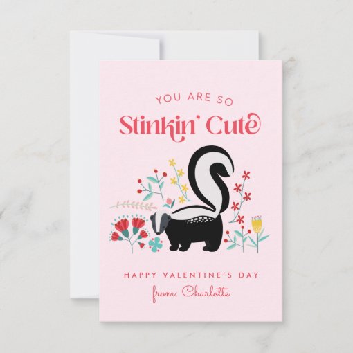 Cute Pink Skunk Classroom Valentine Note Card | Zazzle
