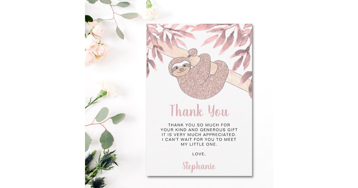 Cute Pink Sloth Baby Shower Thank You Card | Zazzle
