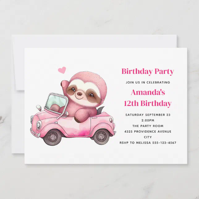 Cute Pink Sloth Driving a Car Birthday Invitation | Zazzle