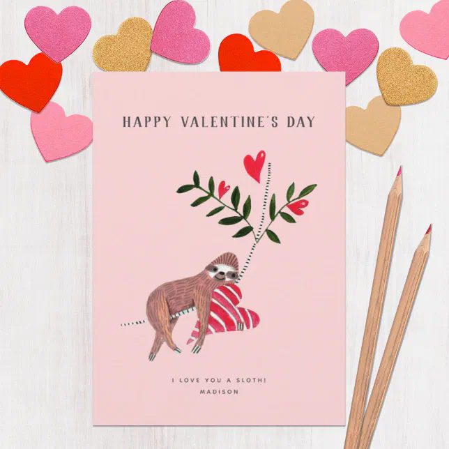 Cute Pink Sloth Valentine Greeting card | Zazzle