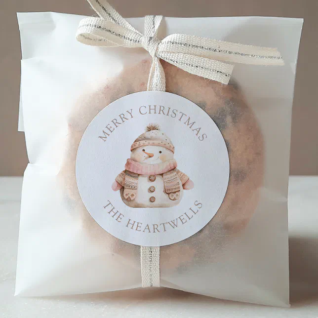 Cute Pink Snowman Personalized Merry Christmas Classic Round Sticker ...