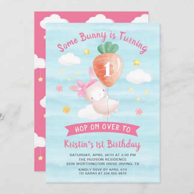 Cute Pink Some Bunny with Carrot Birthday Invitation | Zazzle