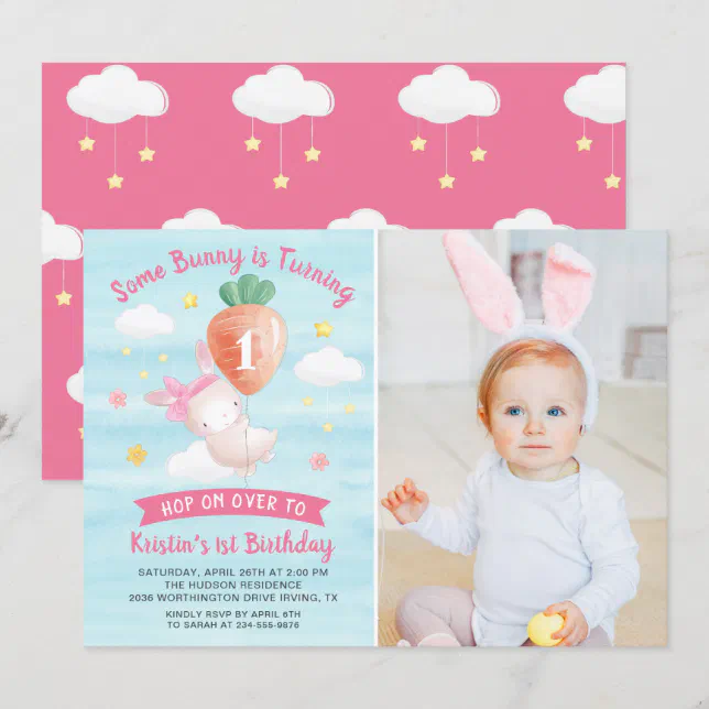 Cute Pink Some Bunny with Carrot Birthday Photo Invitation | Zazzle
