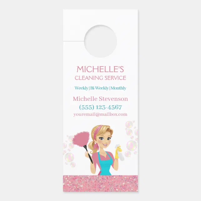 Cute Pink Sparkle Maid Cleaning Service Door Hanger | Zazzle