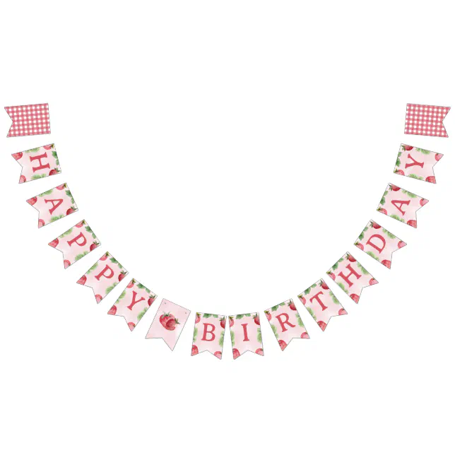 Cute Pink Strawberry Happy Birthday Bunting Flags | Zazzle