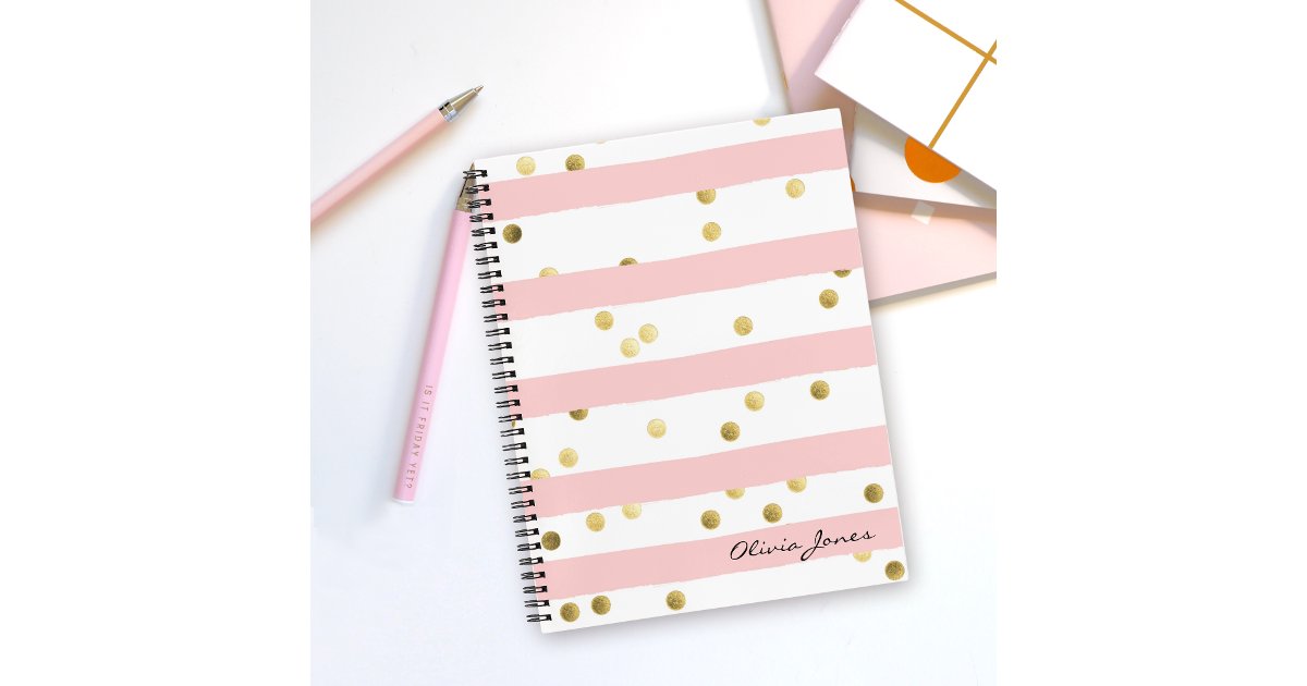 Cute Pink Stripes and Dots with Name Notebook | Zazzle