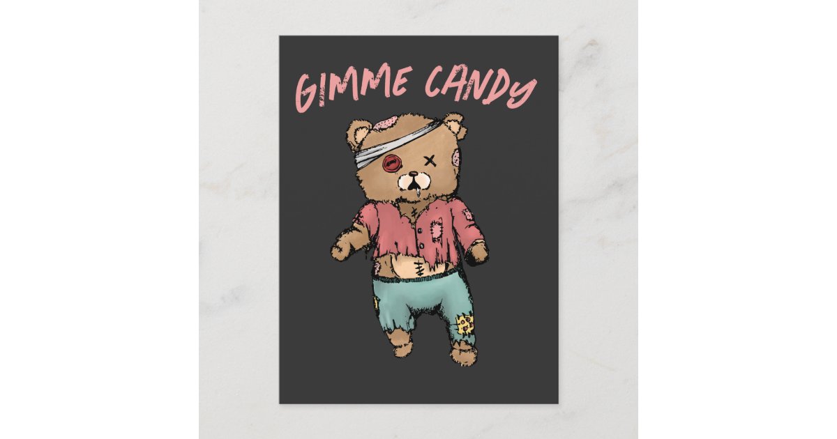 Cute Pink Teddy Bear Zombie Gimme Candy Halloween Postcard | Zazzle