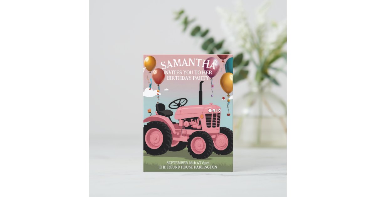 Cute Pink Tractor Birthday Card | Zazzle