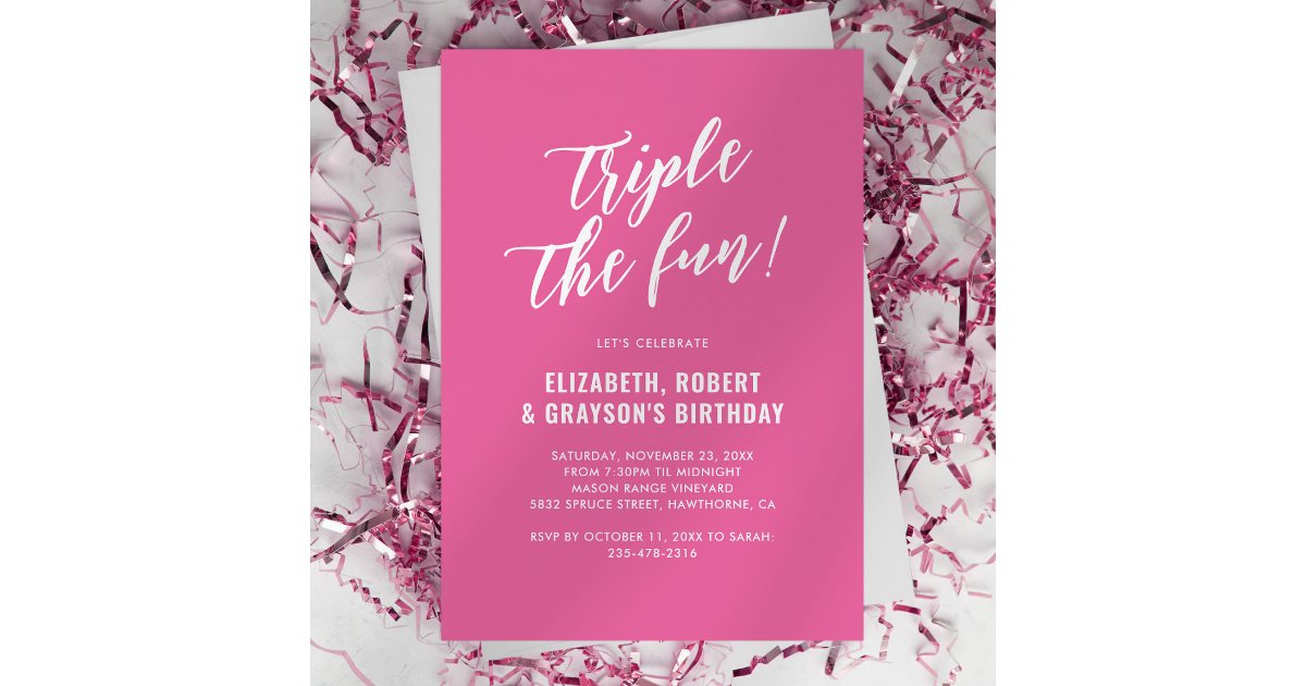 Cute Pink Triple The Fun Joint Birthday Party Invitation | Zazzle