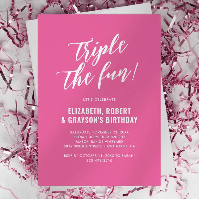 Cute Pink Triple The Fun Joint Birthday Party Invitation | Zazzle
