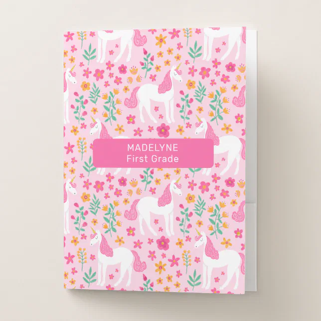Cute Pink Unicorn Back To School Personalized Name Pocket Folder | Zazzle