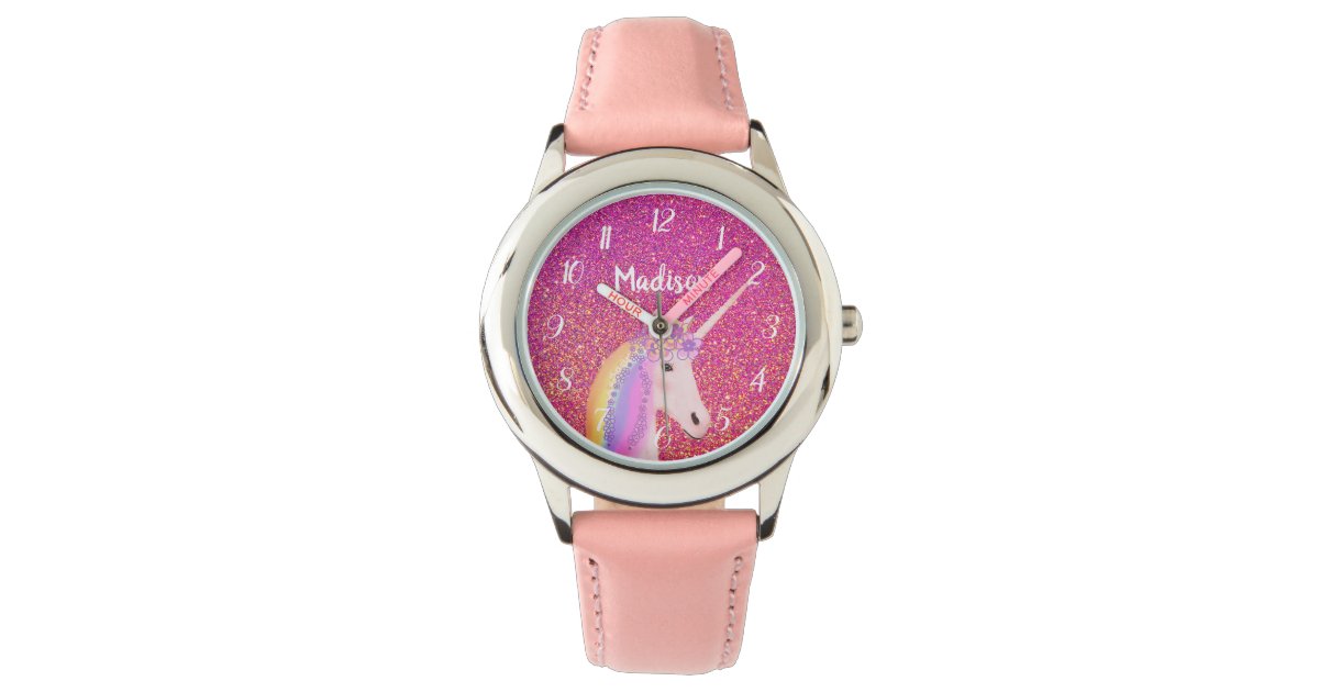 Cute Pink Unicorn Glitter Personalized Kids Watch | Zazzle