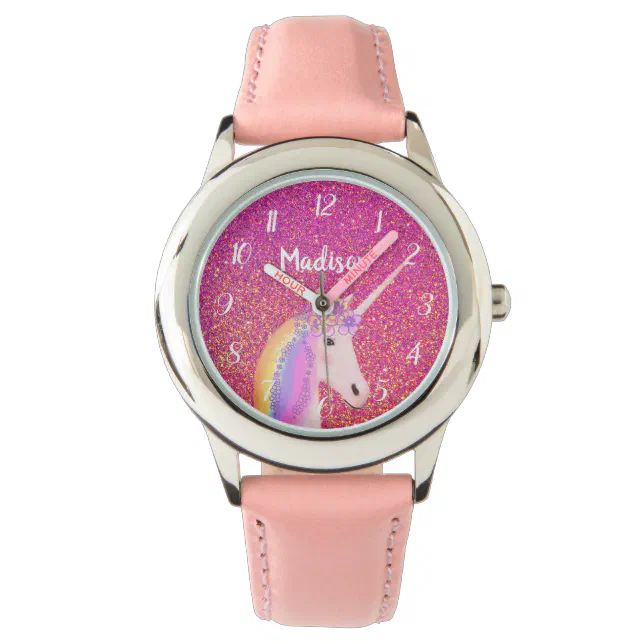 Cute Pink Unicorn Glitter Personalized Kids Watch | Zazzle