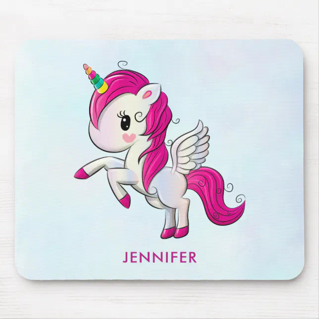 Cute Pink Unicorn with Wings Mouse Pad | Zazzle