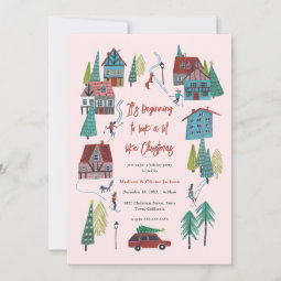 Cute Pink Village Christmas Party Invitation | Zazzle