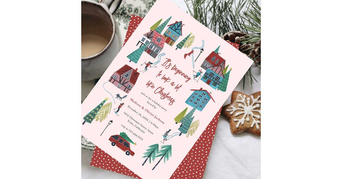 Cute Pink Village Christmas Party Invitation | Zazzle