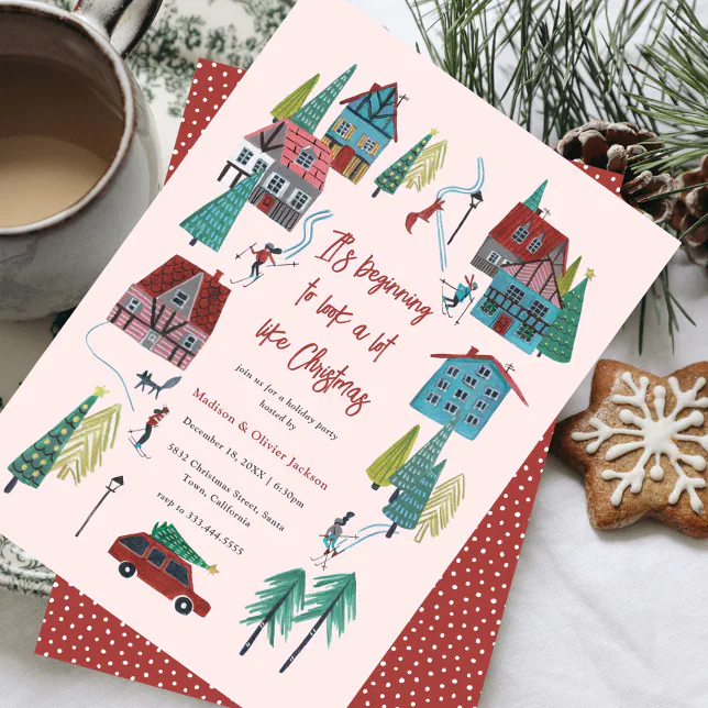 Cute Pink Village Christmas Party Invitation | Zazzle