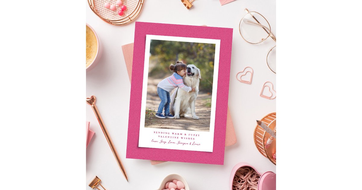 Cute pink warm fuzzy Valentine's Day pet photo Holiday Card | Zazzle