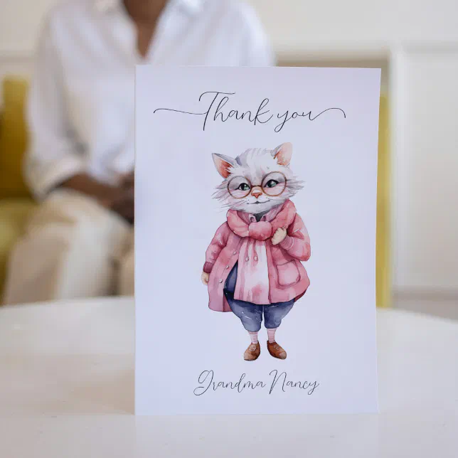 Cute Pink Watercolor Old Granny Cat Thank You Card | Zazzle