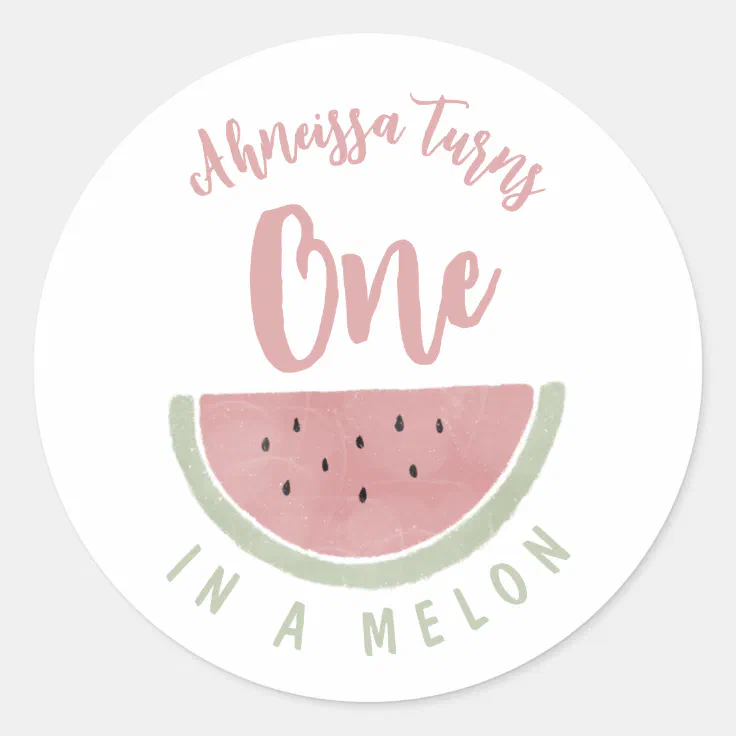 Cute Pink Watercolor One in a Melon Birthday Classic Round Sticker | Zazzle