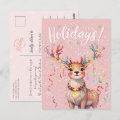 Cute Pink Watercolor Reindeer and Christmas Lights Postcard | Zazzle