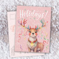 Cute Pink Watercolor Reindeer and Christmas Lights Postcard | Zazzle