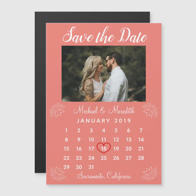 Cute Pink Wedding Calendar Photo Save the Date Magnetic Invitation | Zazzle