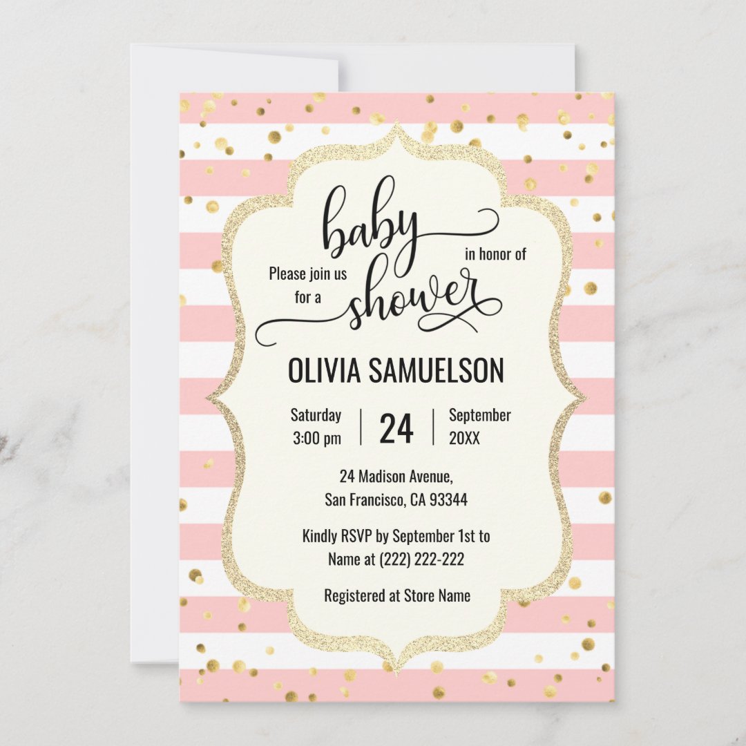 Cute Pink White Stripes Gold Black Baby Shower Invitation | Zazzle
