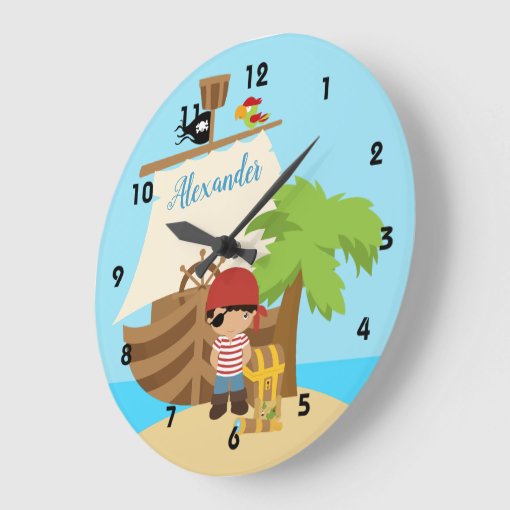 Cute Pirate Boy & A Big Ship Custom Name Large Clock | Zazzle