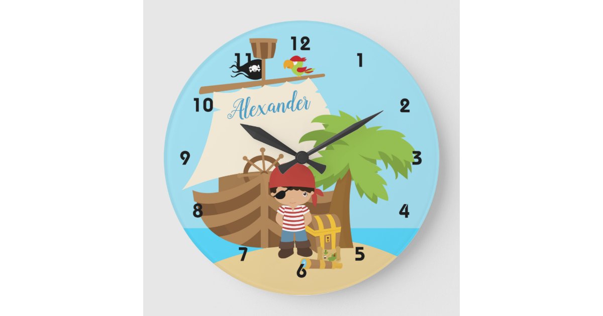 Cute Pirate Boy & A Big Ship Custom Name Large Clock | Zazzle