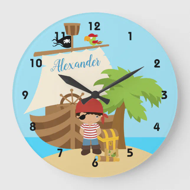 Cute Pirate Boy & A Big Ship Custom Name Large Clock | Zazzle