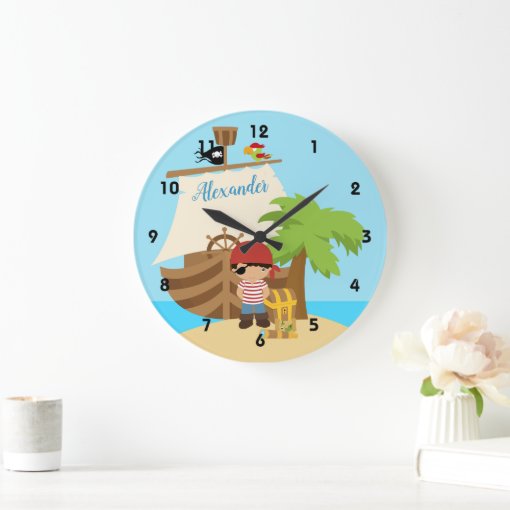 Cute Pirate Boy & A Big Ship Custom Name Large Clock | Zazzle