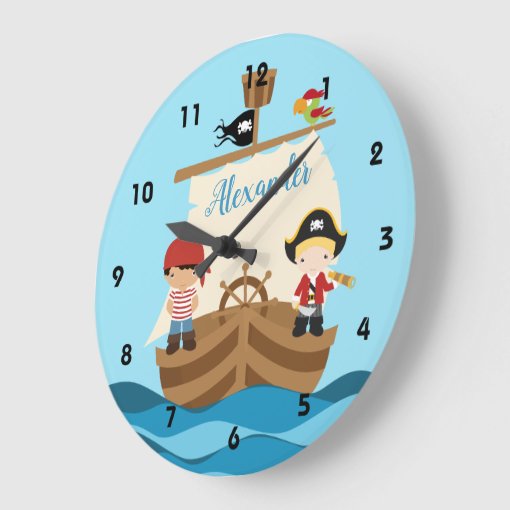 Cute Pirate Boys & A Big Ship Custom Name Large Clock | Zazzle