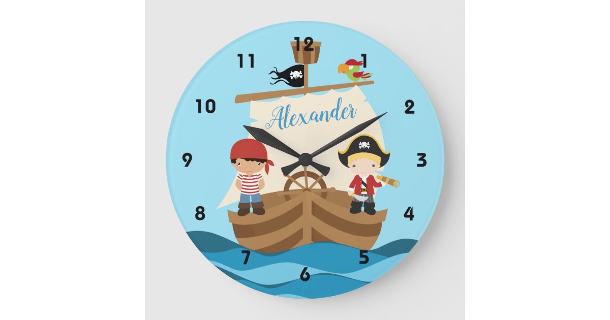 Cute Pirate Boys & A Big Ship Custom Name Large Clock | Zazzle