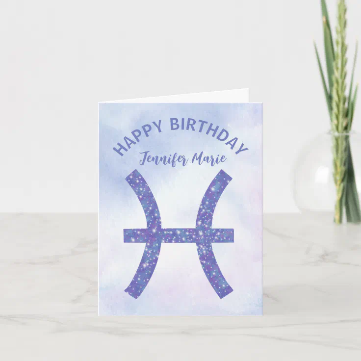 Cute Pisces Sign Custom Purple Happy Birthday Card | Zazzle