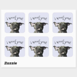 Cute Pit Bull Dog Wiggly Ears | i woof you Square Sticker | Zazzle